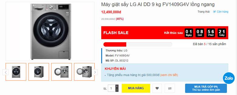 Máy giặt sấy LG Inverter 9 kg FV1409G4V giá rẻ, giao ngay